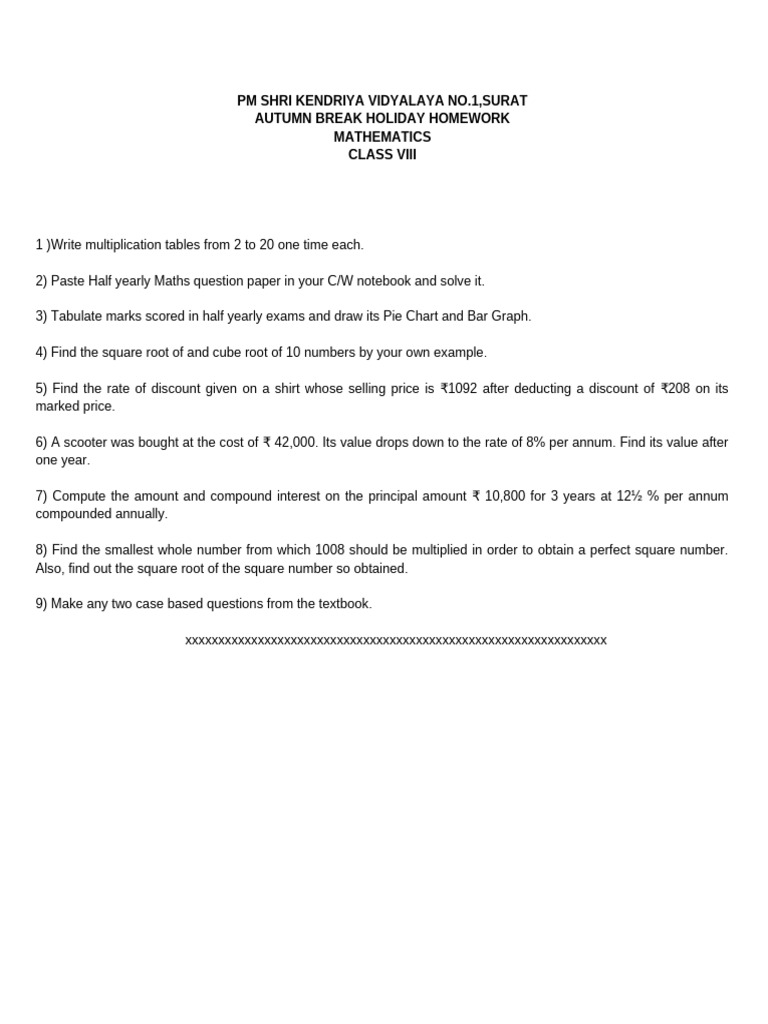 Class VIII Maths Holiday Homework | PDF