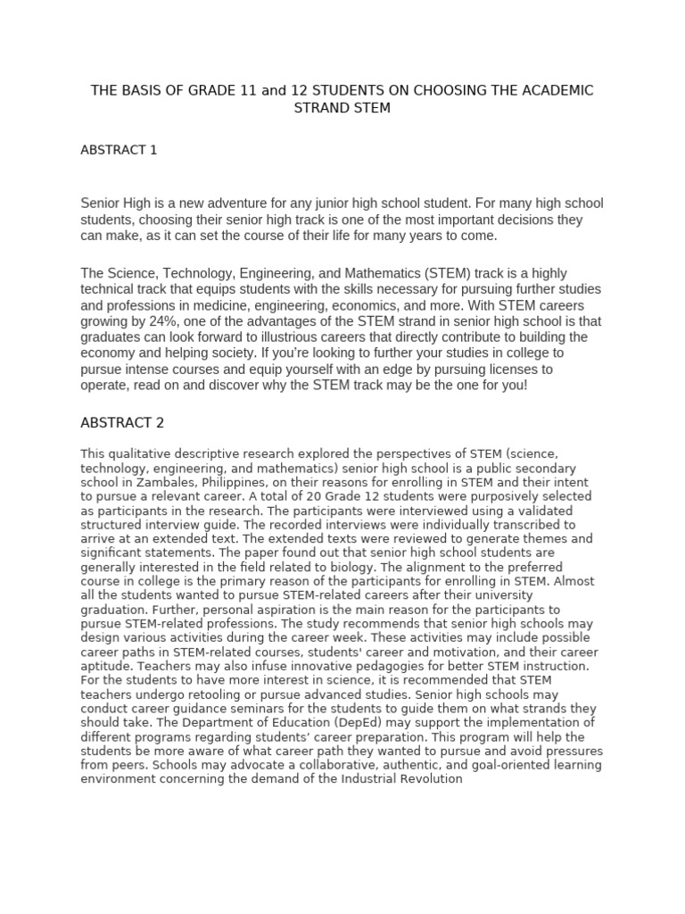 Reasons for Choosing STEM in Senior High | PDF | Science, Technology ...
