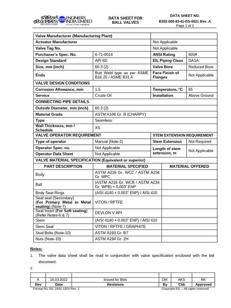 B302-000-83-41-DS-0021 - Ball, Da1a, 600#, RB, BW, Ag, Manual | PDF | Valve | Mechanical Engineering