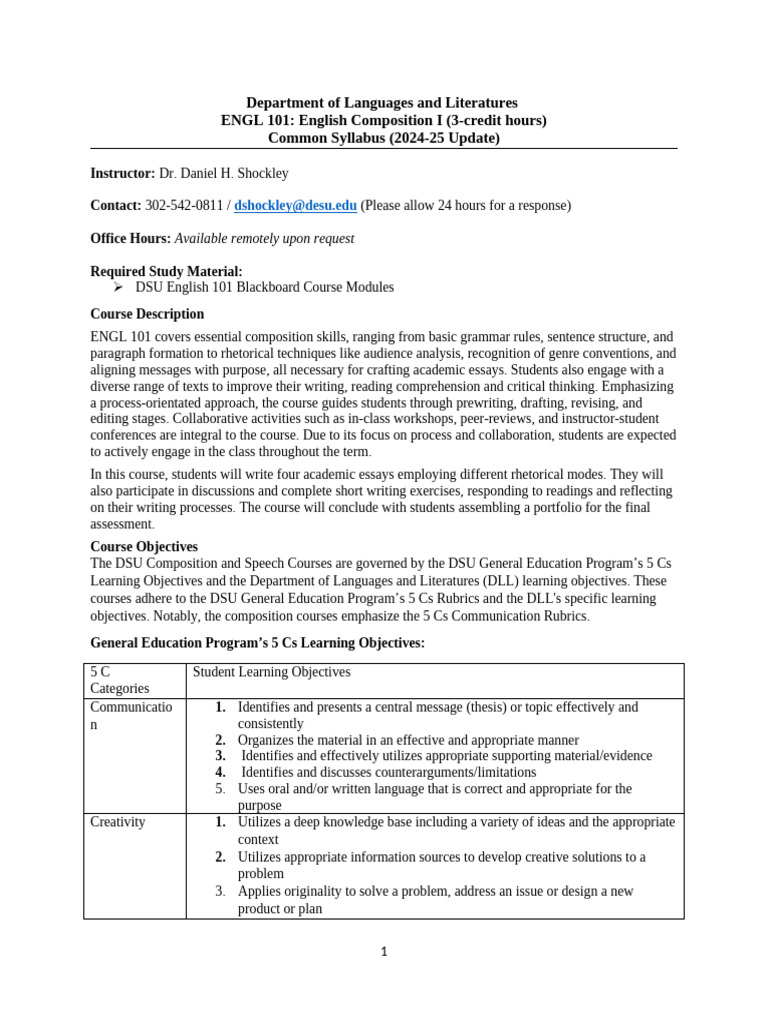ENGL 101 Composition Syllabus 2024-25 | PDF | Essays | Rhetoric