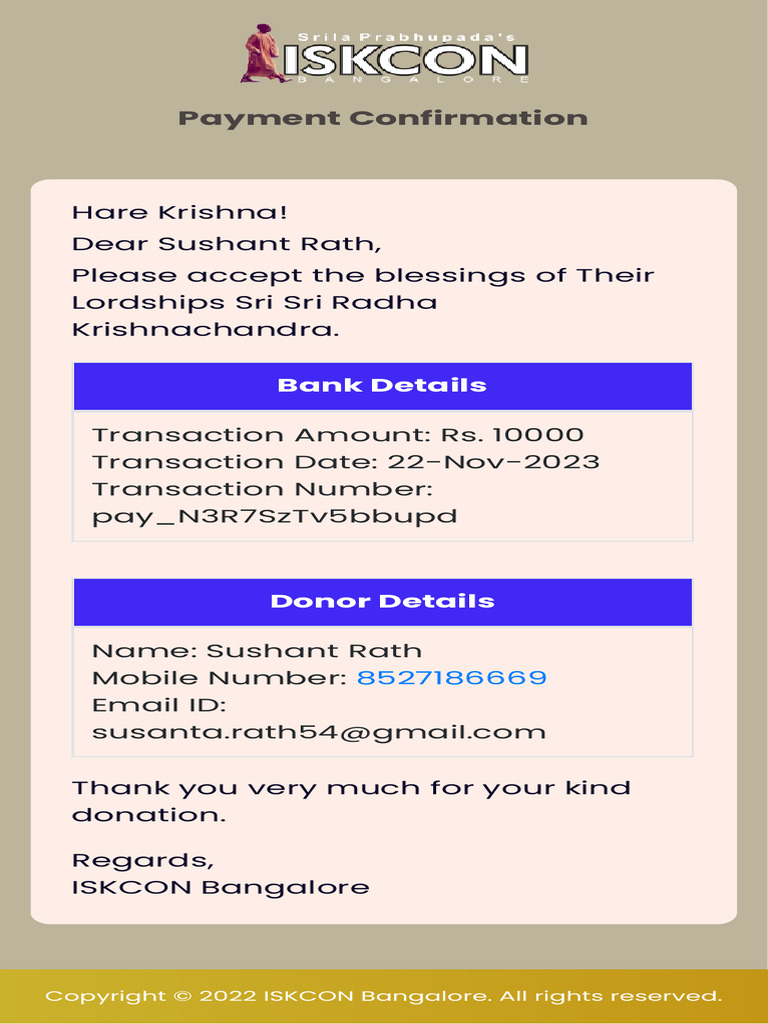 ISKCON Bangalore - Payment Confirmation | PDF | Finance & Money Management | Sports & Recreation