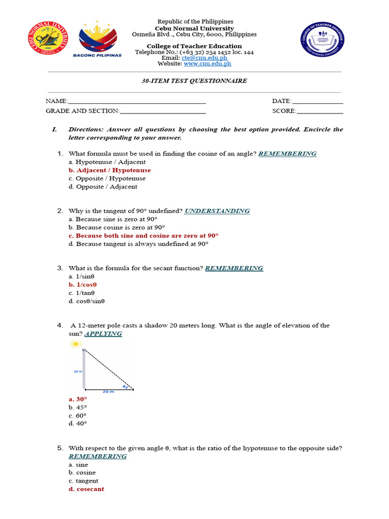 30 Item Test Questionnaire Group 5 - Bsed Math 2a | PDF | Trigonometric ...