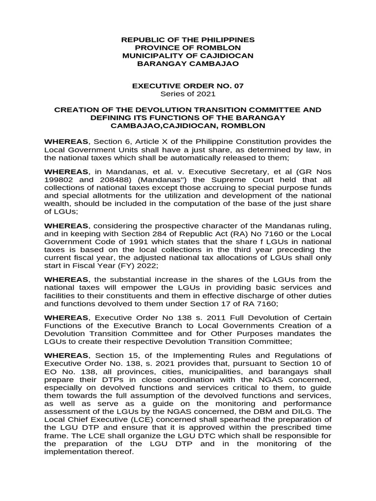 E.O No.7 Devolution Transition Committee | PDF | Devolution | Legal Documents