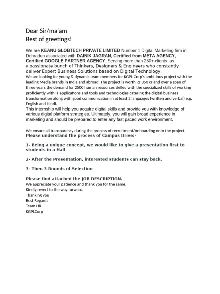 Dear Sir/ma'am Best of Greetings! | PDF