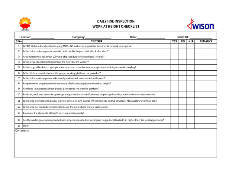 Daily HSE Work at Height Checklist | PDF