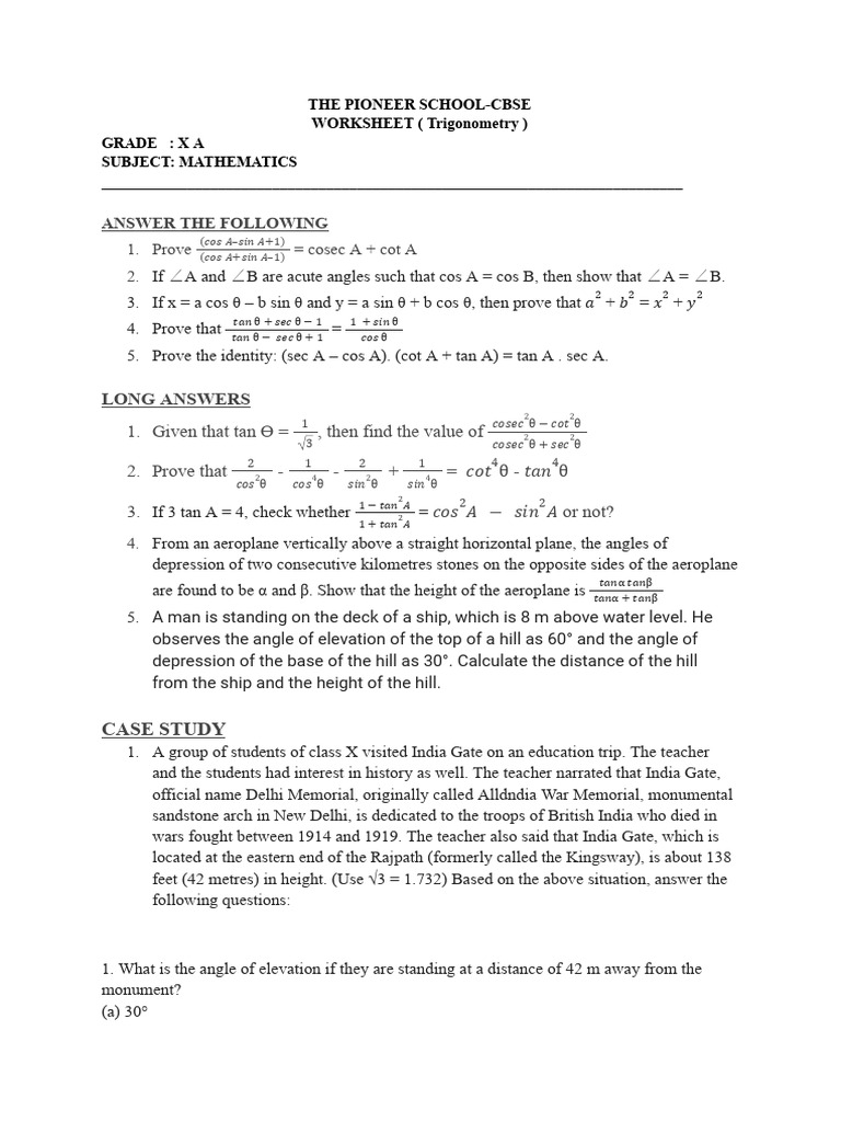 10th Maths Worksheet 2 - 25082024 - 202329 | PDF | Trigonometry ...