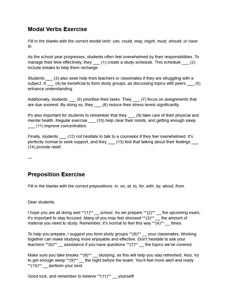 f1 Modals, Prepositions, Tenses, Adj | PDF | Linguistics