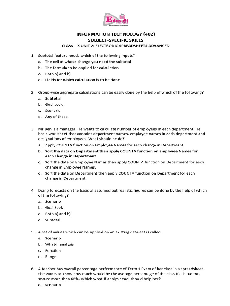 AK-MCQ - X 402 - Unit 2 - Electronic Spreadsheets | PDF | Spreadsheet | Microsoft Excel