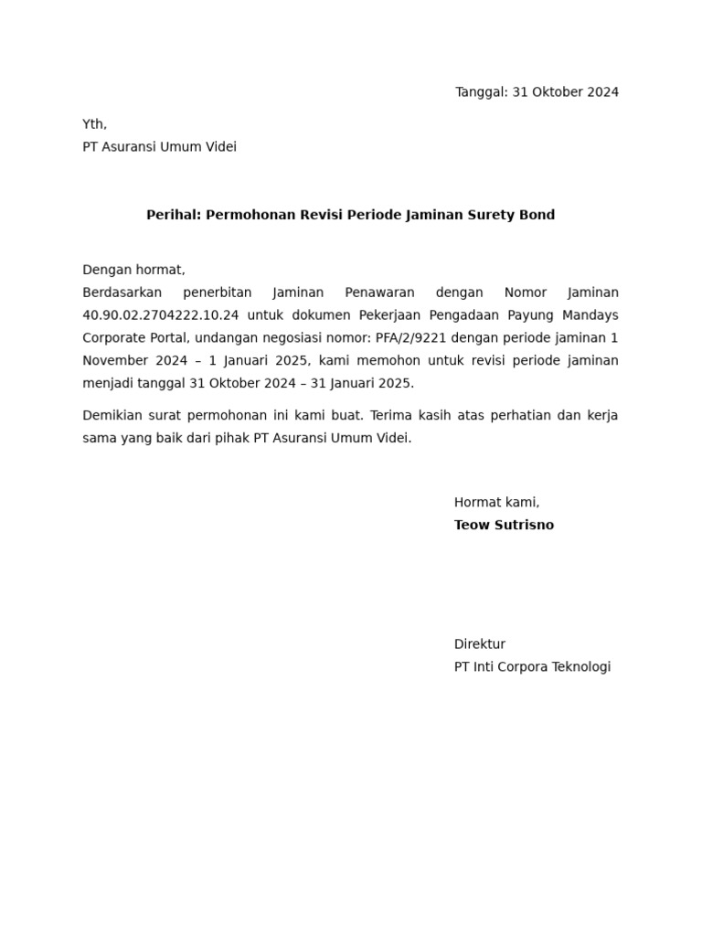 Surat Permohonan Revisi Surety Bond 40.90.02.2704222.10.24 | PDF