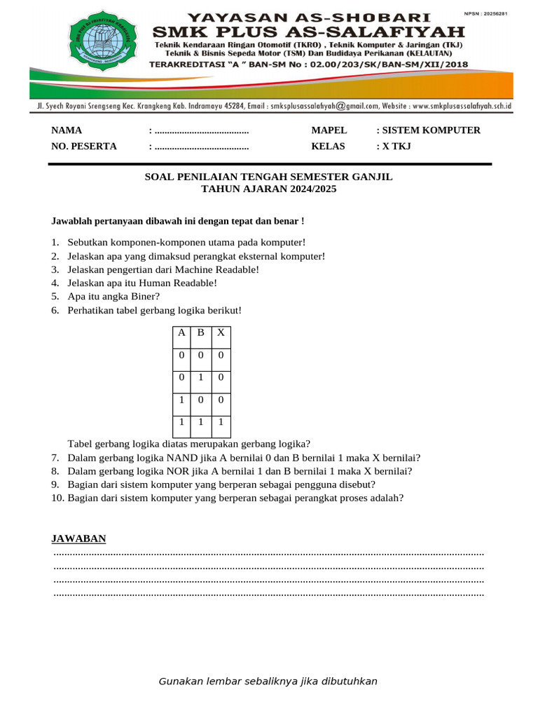 Soal Pts Siskom X TKJ 2024-2025 | PDF