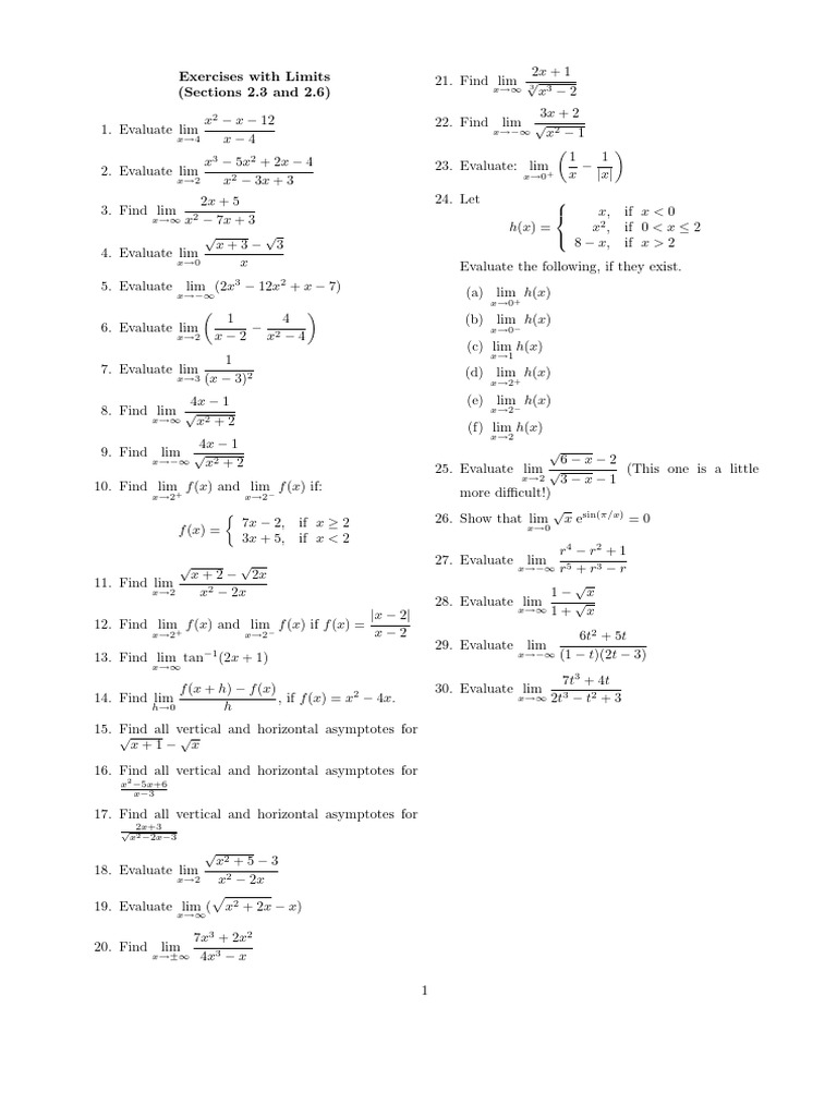 Limit Evaluation Exercises and Solutions | PDF