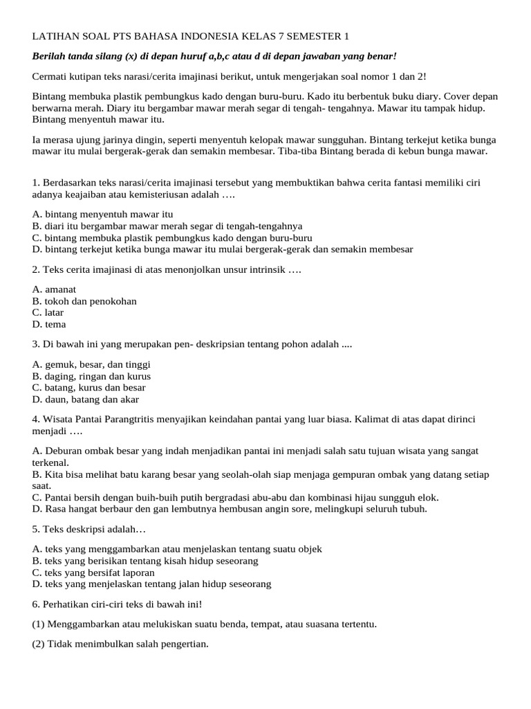 Latihan Soal PTS Bahasa Indonesia Kelas 7 Semester 1 Kumer | PDF