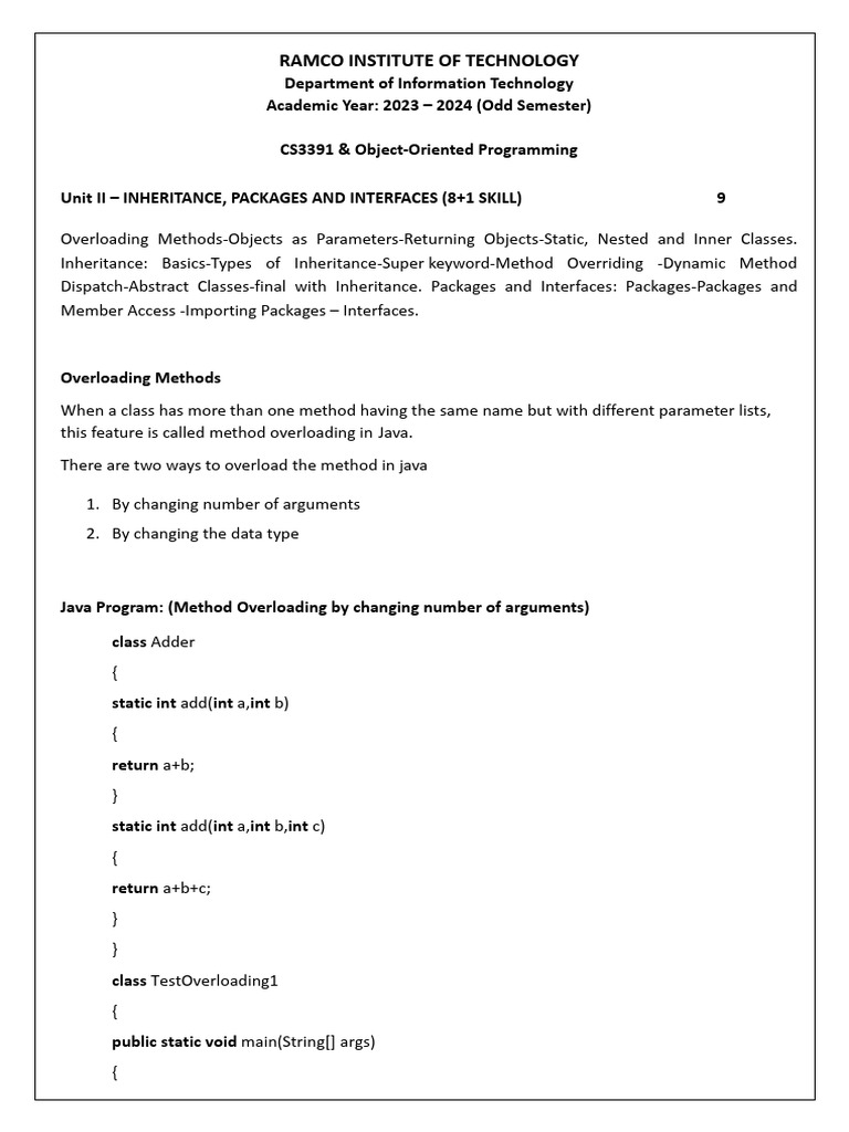 Unit 2 Inheritance Packages Interfaces Pdf Computers