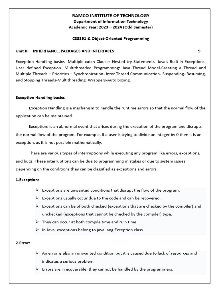 Unit 3 Exception Handling And Multithreading Pdf Process Computing