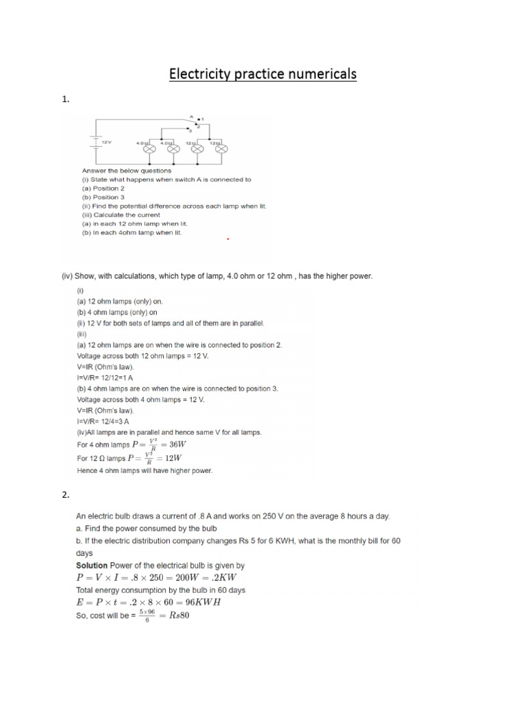 Electricity Practice Numericals New | PDF