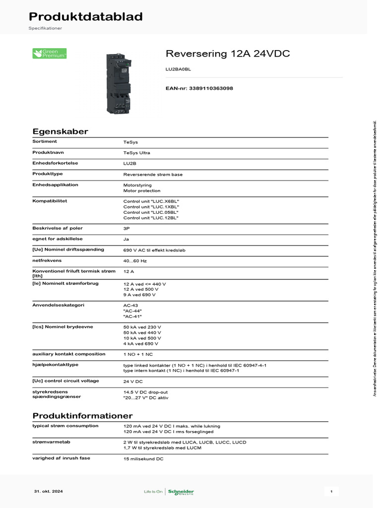 Schneider Electric - TeSys-Ultra - LU2BA0BL | PDF