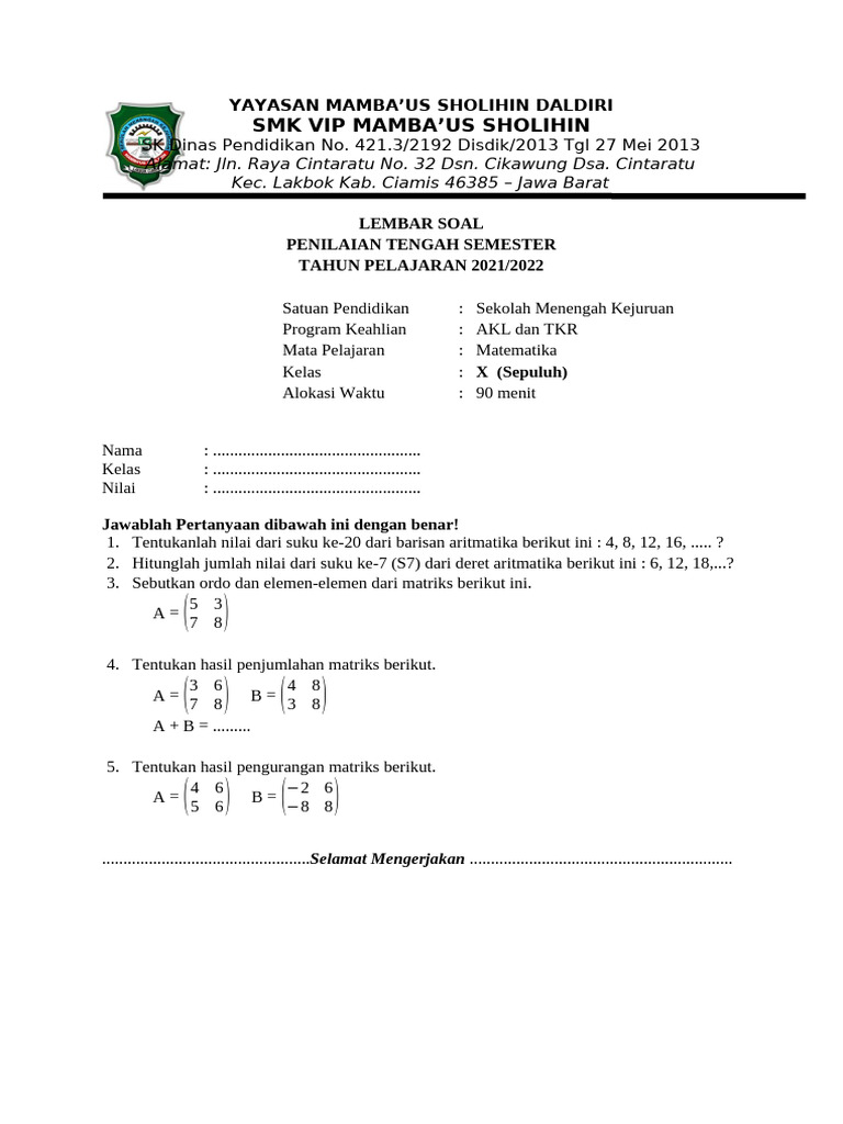 PTS MTK X 2021-2022 | PDF | Metode & Bahan Ajar