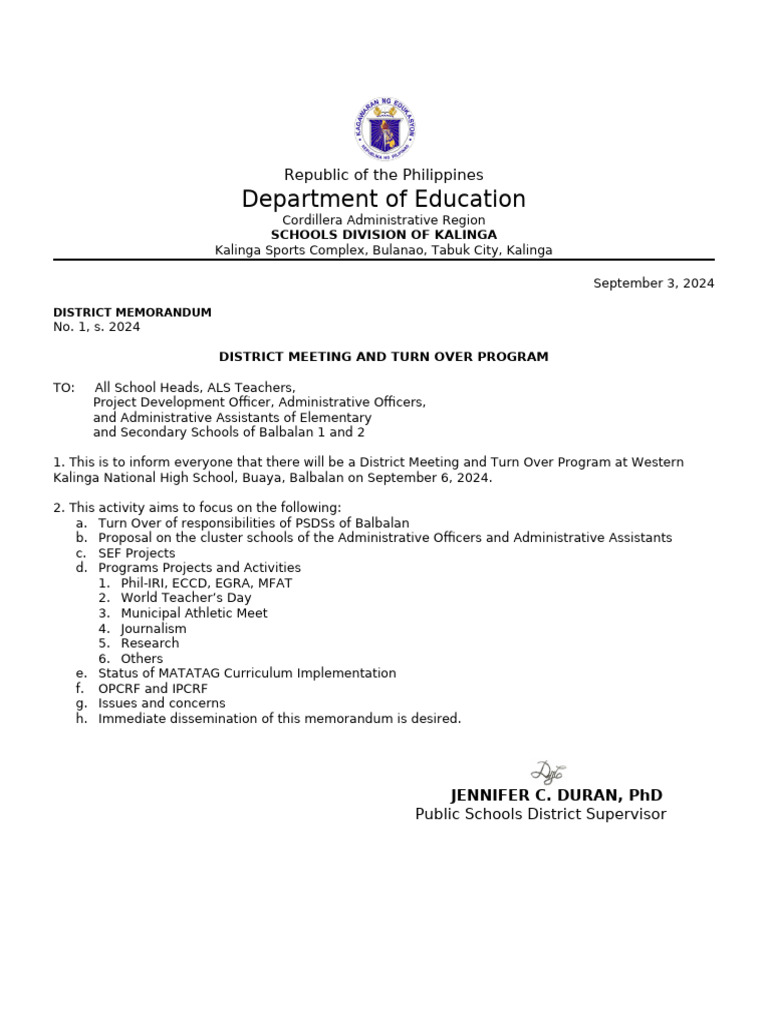 Balbalan District Meeting Notice | PDF | Wellness | Science & Mathematics