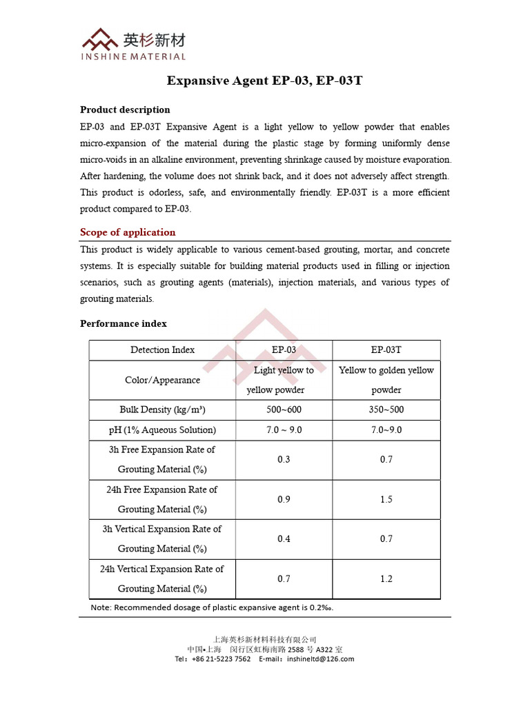 Expansive Agent EP-03, EP-03T: Product Description | PDF ...