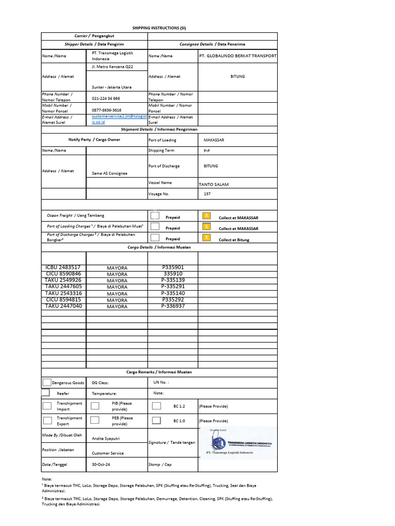 Si Final KM Tanto Salam v137 MKS-BTG | PDF | Cargo | Transport