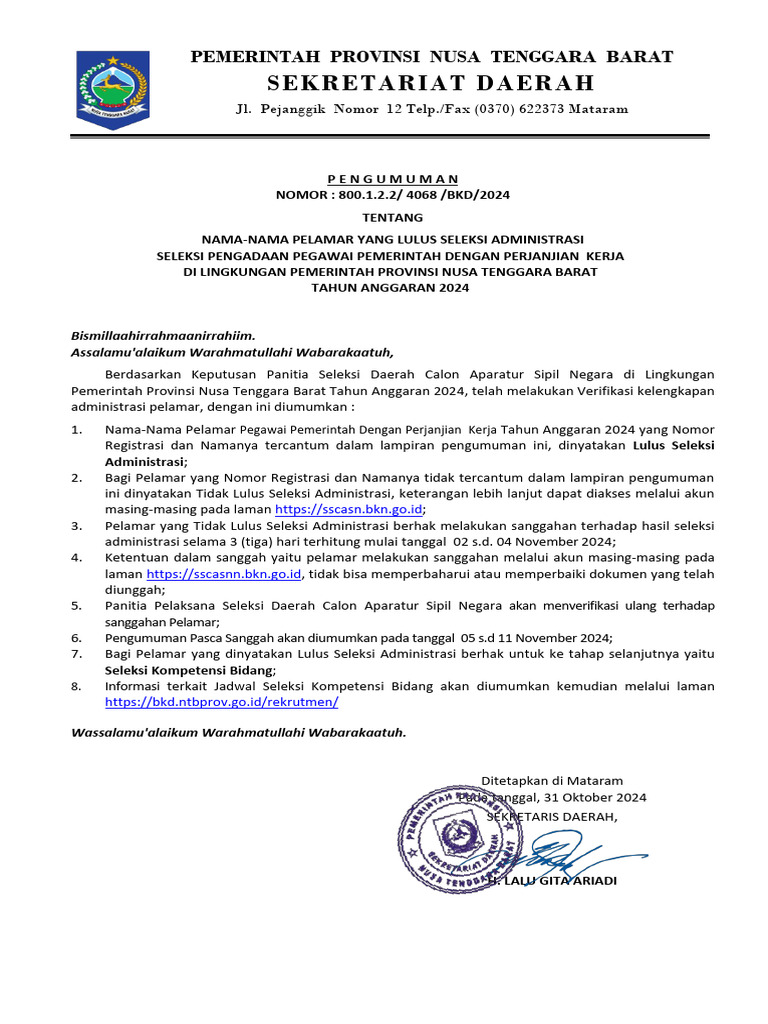 Pengumuman Hasil Seleksi Administrasi PPPK Tahun 2024 | PDF