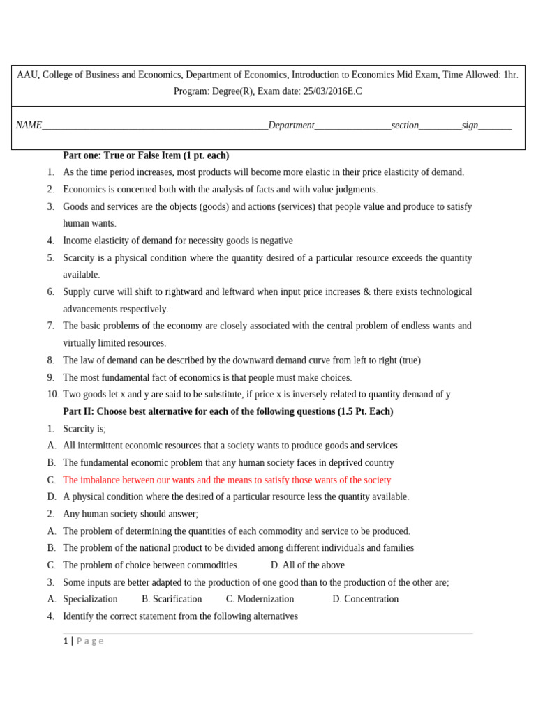 Introduction To Economics Mid Exam | PDF | Demand | Elasticity (Economics)