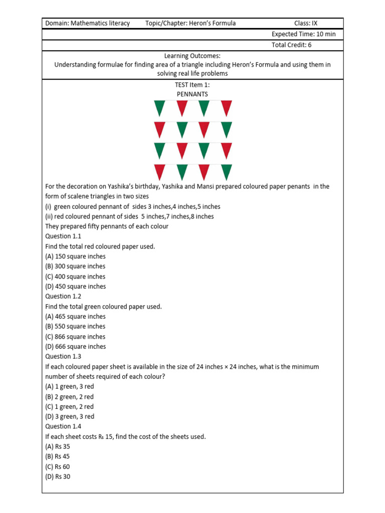 CCT Class Ix Mathematical Literacy | PDF | Multiple Choice | Area