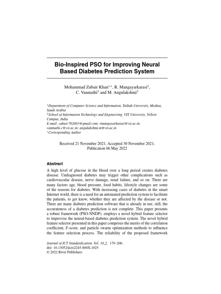 Bio-Inspired PSO For Improving Neural Based Diabetes Prediction System ...