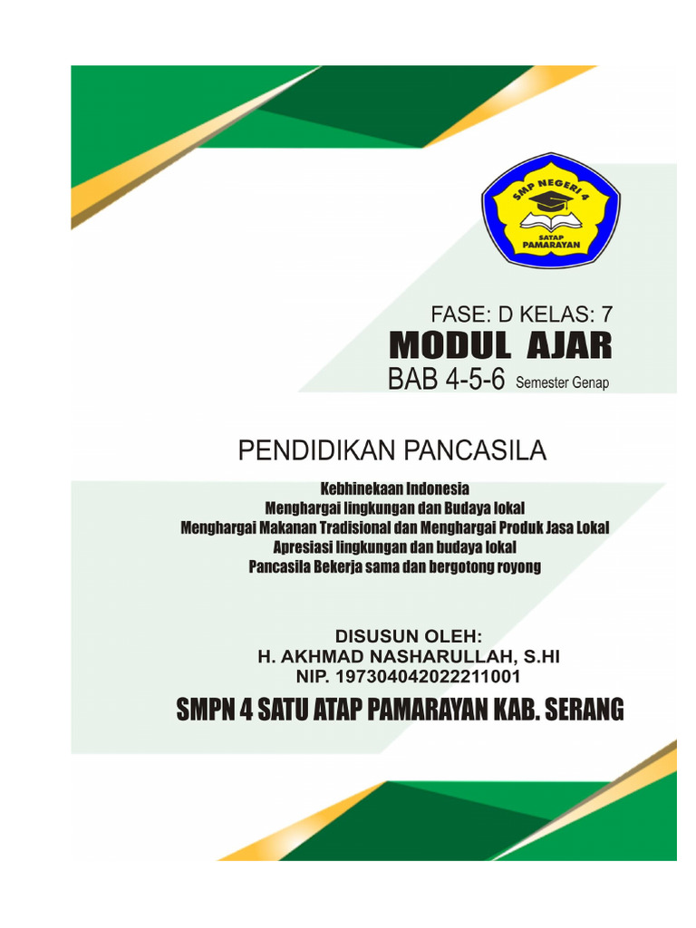 4,5,6 Modul Ajar Pend. Pancasila Kelas 7 - SMT 2 (Bab 4, 5, 6) | PDF