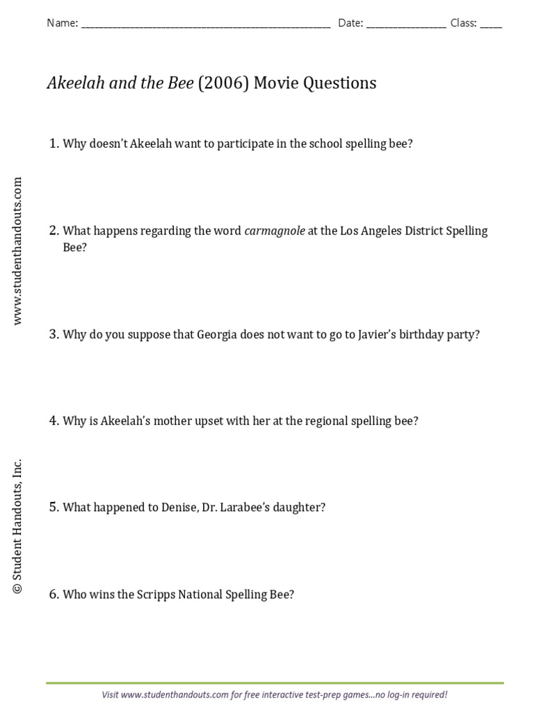 Akeelah and The Bee Movie Questions Worksheet | PDF