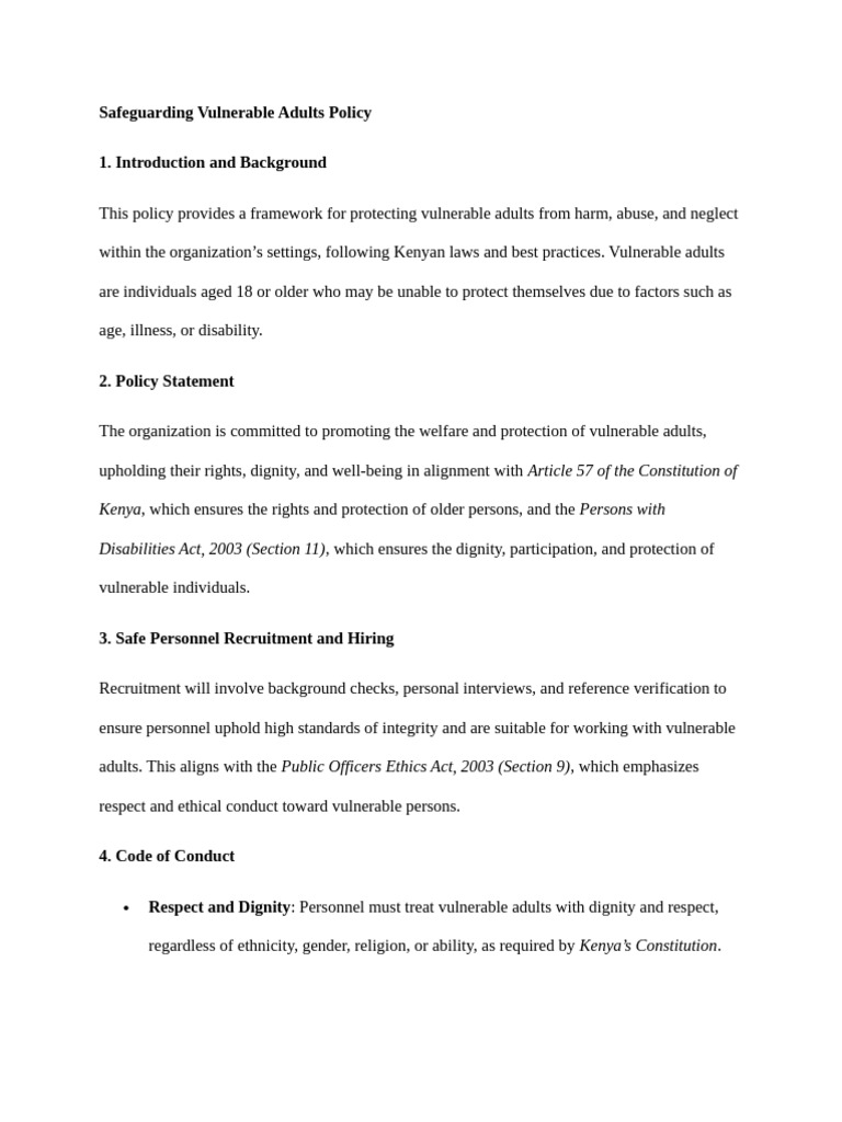 Safeguarding Vulnerable Adults Policy | PDF | Dignity | Kenya