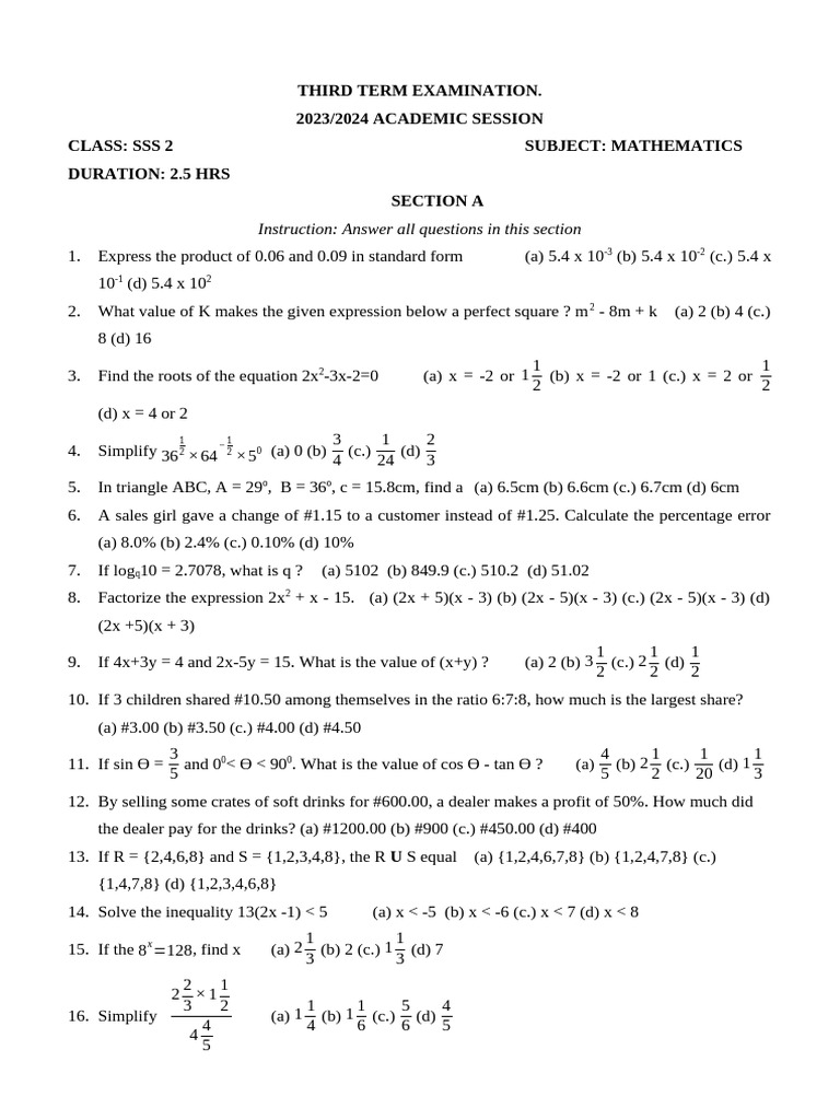 (SSS2 Mathematics) THIRD Term | PDF | Mathematical Objects | Arithmetic