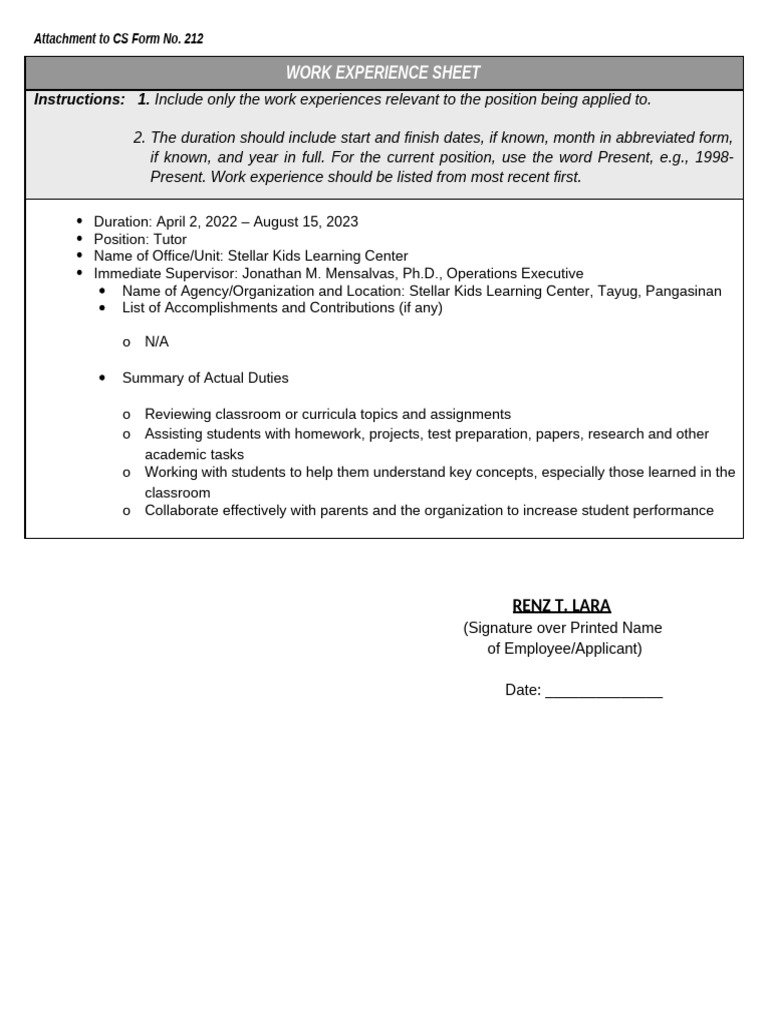 CS Form No. 212 - WORK EXPERIENCE SHEET | PDF