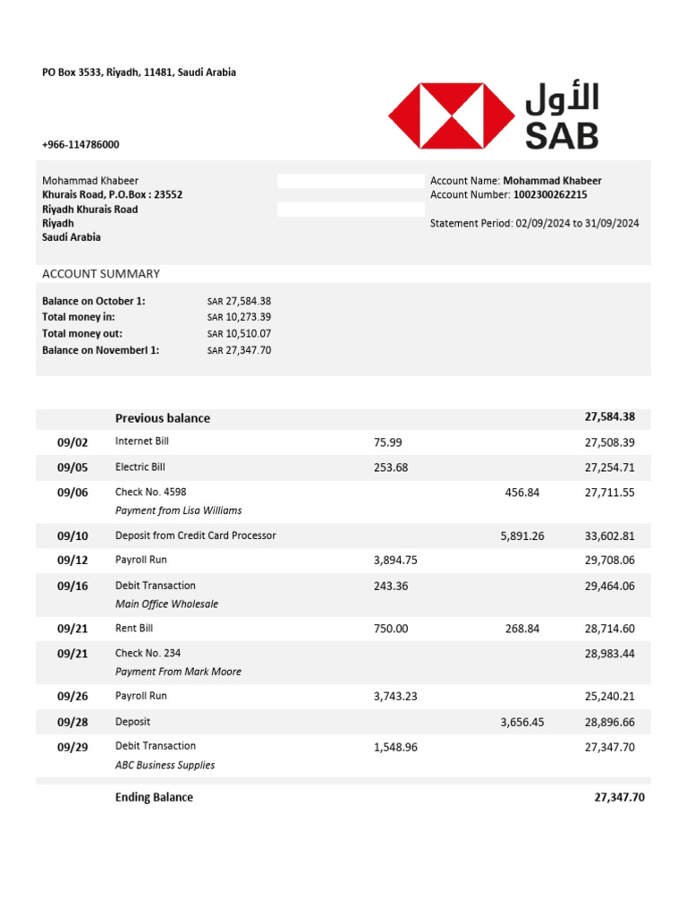 SAB Bank Statement Summary | PDF
