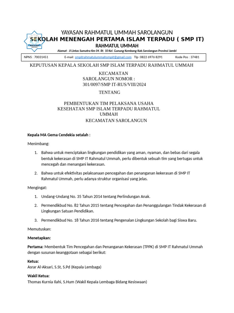 12.1 SK Tim Pencegahan Dan Penanganan Kekerasan (TPPK) | PDF | Pengembangan Diri | Kesehatan ...