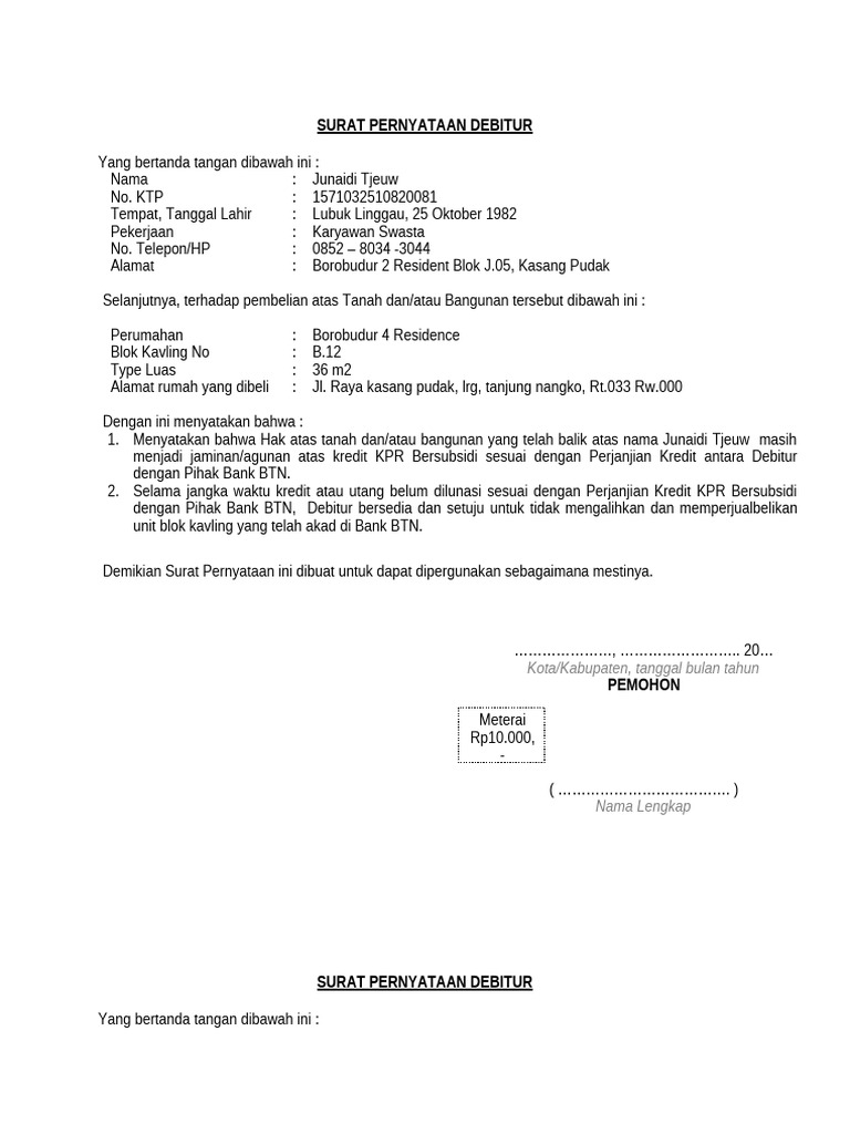 Contoh Surat Pernyataan Debitur | PDF