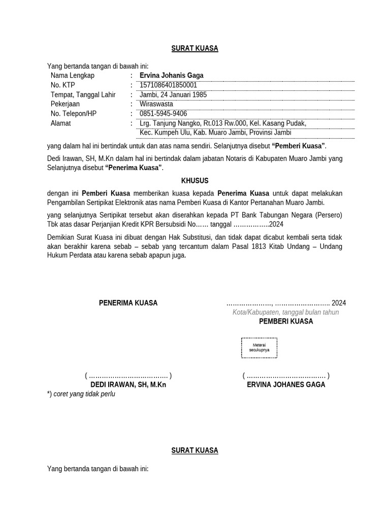 Surat Kuasa Debitur | PDF