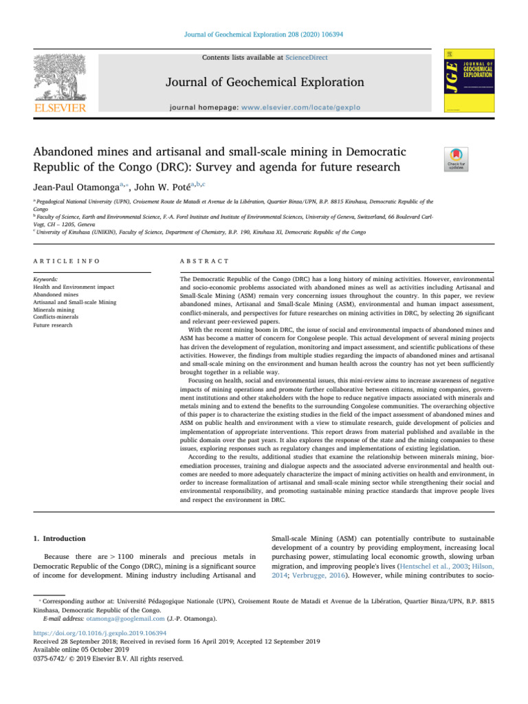 Abandoned Mines and ASM in DRC-survey and Agenda For Future Research ...
