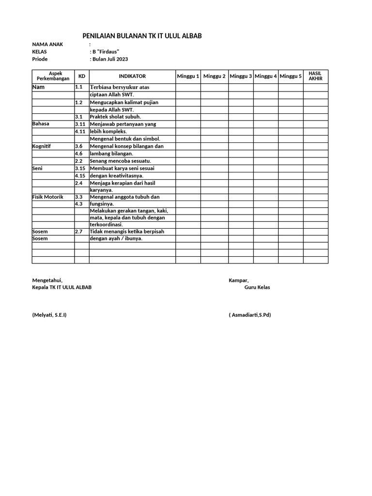 Penilaian Bulanan TK IT Ulul Albab Juli 2023 | PDF
