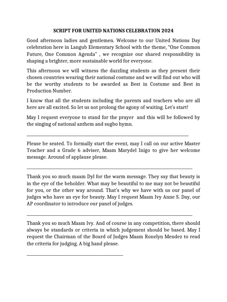 Script For United Nations Celebration 2024 | PDF