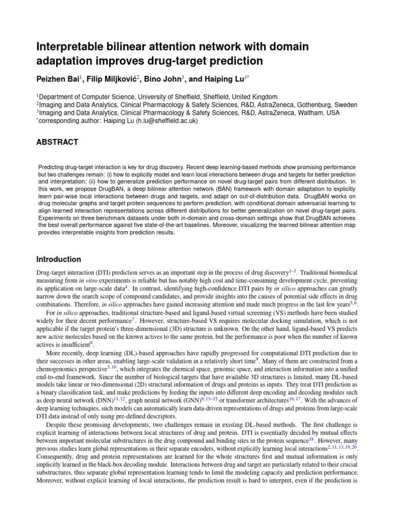 Interpretable Bilinear Attention Network With Domain Adaptation Improves Drug-Target Prediction ...