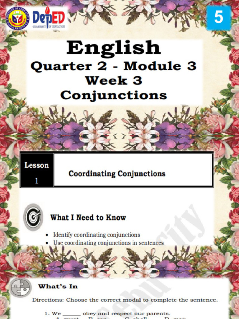 English 5 Q2 M3 Conjunctions | PDF