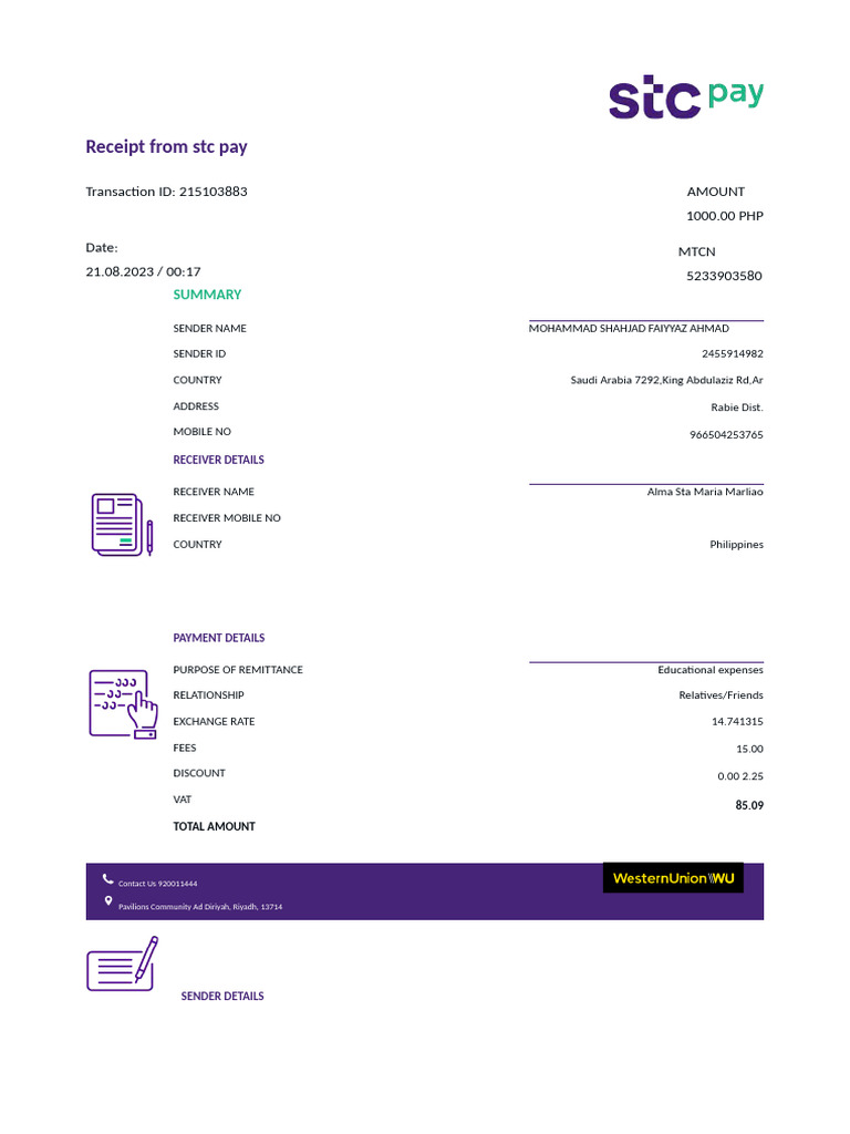 Receipt From STC Pay: Transaction ID: 215103883 Amount 1000.00 PHP MTCN 5233903580 | PDF