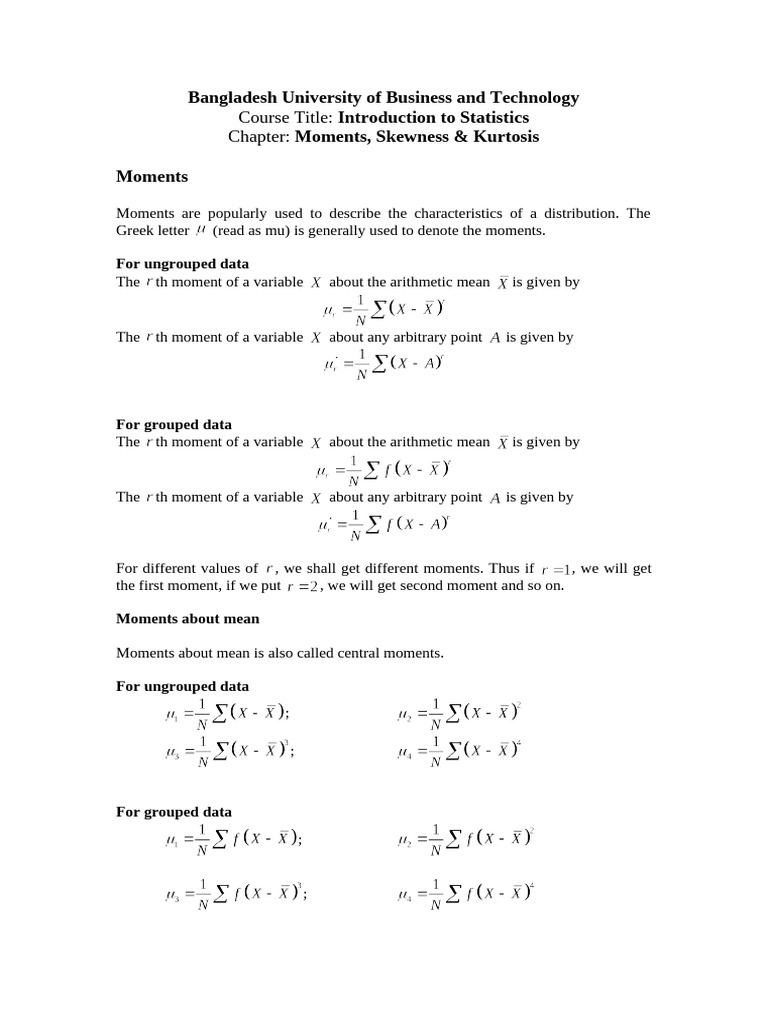 Moments, Skewness & Kurtosis | PDF | Skewness | Mean