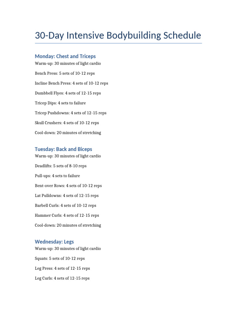 30 Day Intensive Bodybuilding Schedule | PDF