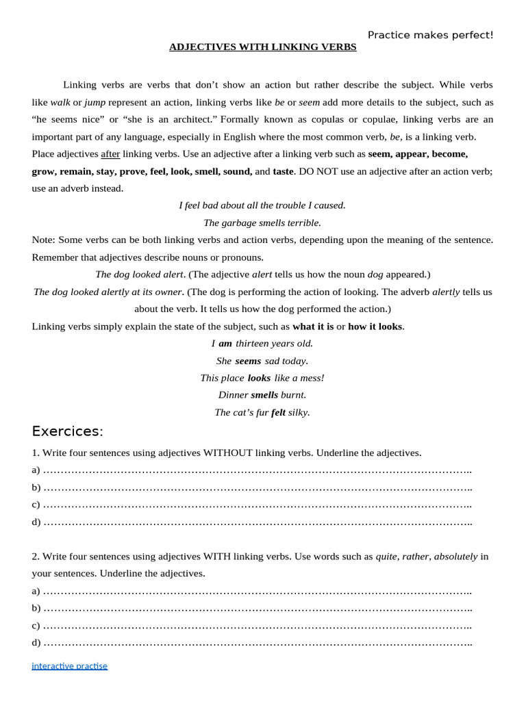 PRACTICE MAKES PERFECT-Adjectives After Linking Verbs | PDF | Verb | Adjective