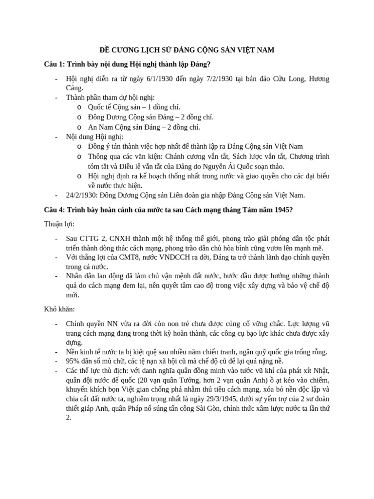 ĐỀ CƯƠNG LỊCH SỬ ĐẢNG CỘNG SẢN VIỆT NAM | PDF