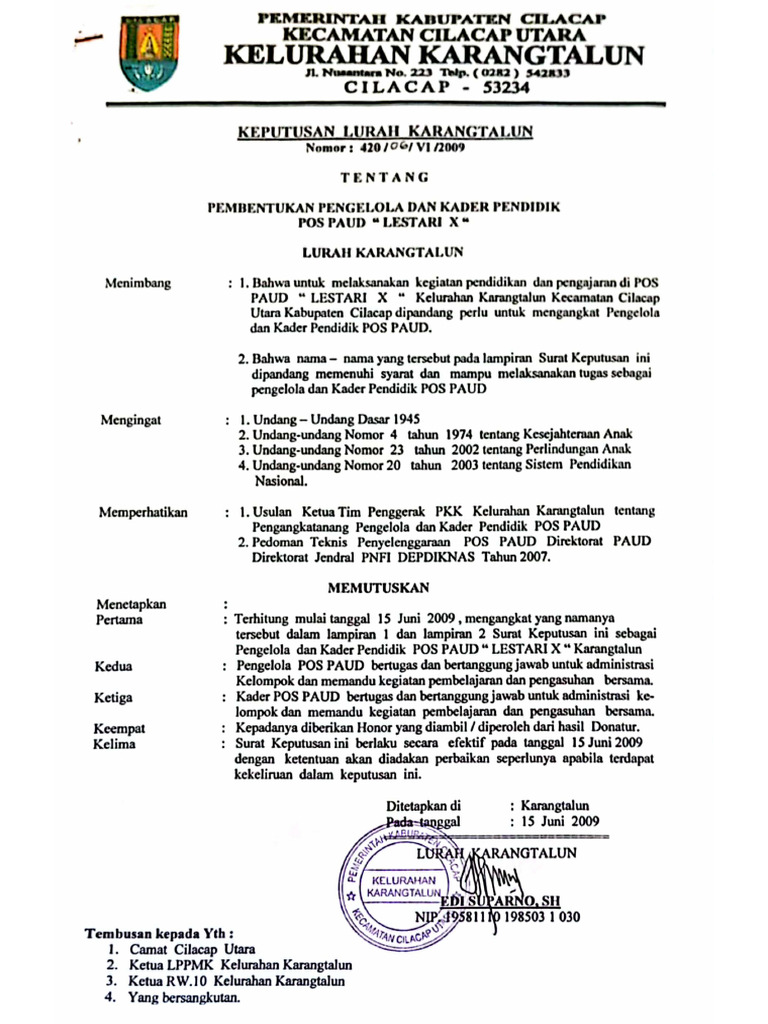 SK Pembentukan Pengelola Pos Paud | PDF