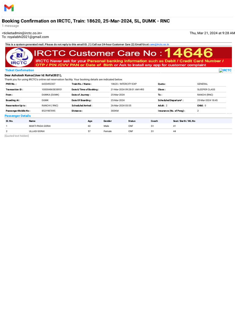 Gmail - Booking Confirmation On IRCTC, Train - 18620, 25-Mar-2024, SL ...