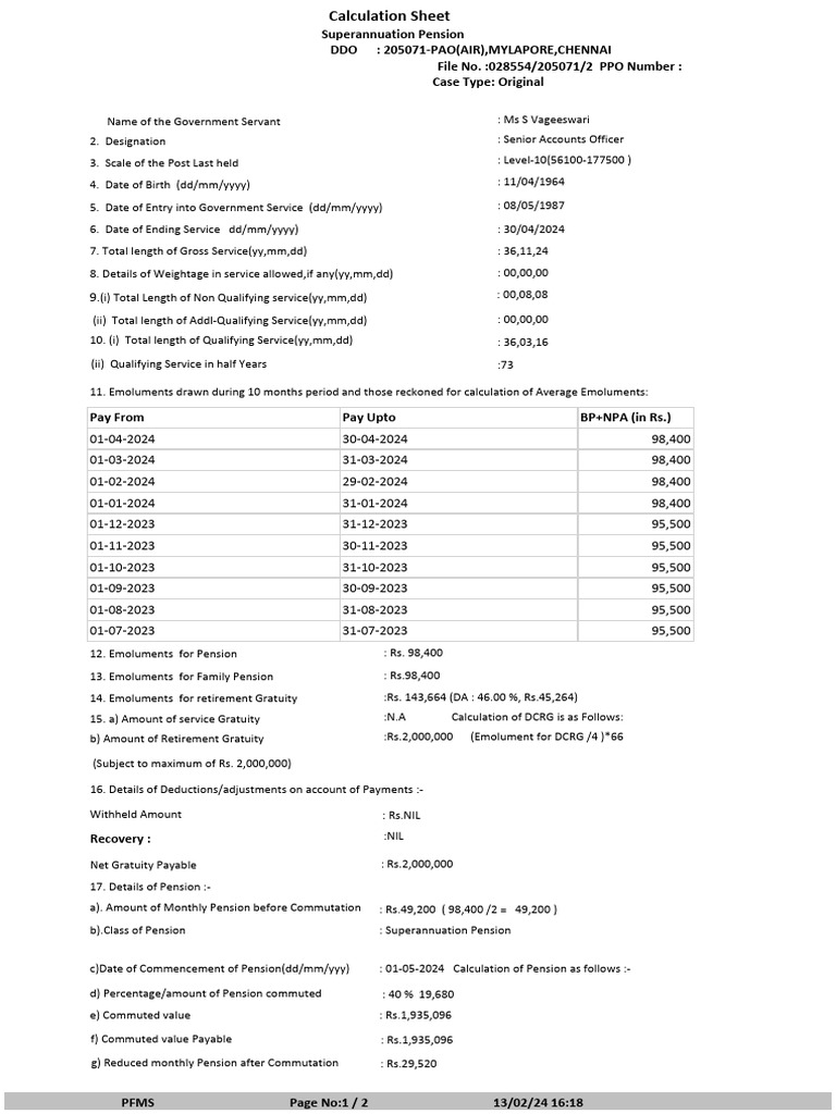 Superannuation Pension Ddo: 205071-Pao (Air), Mylapore, Chennai File No ...